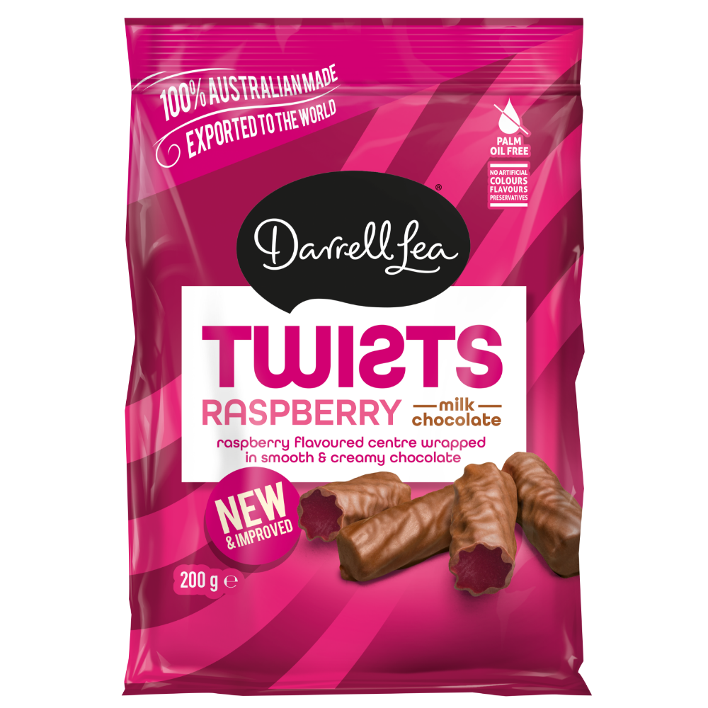 Darrell Lea Raspberry Liquorice Twists Coated in Milk Chocolate NK 200 ...